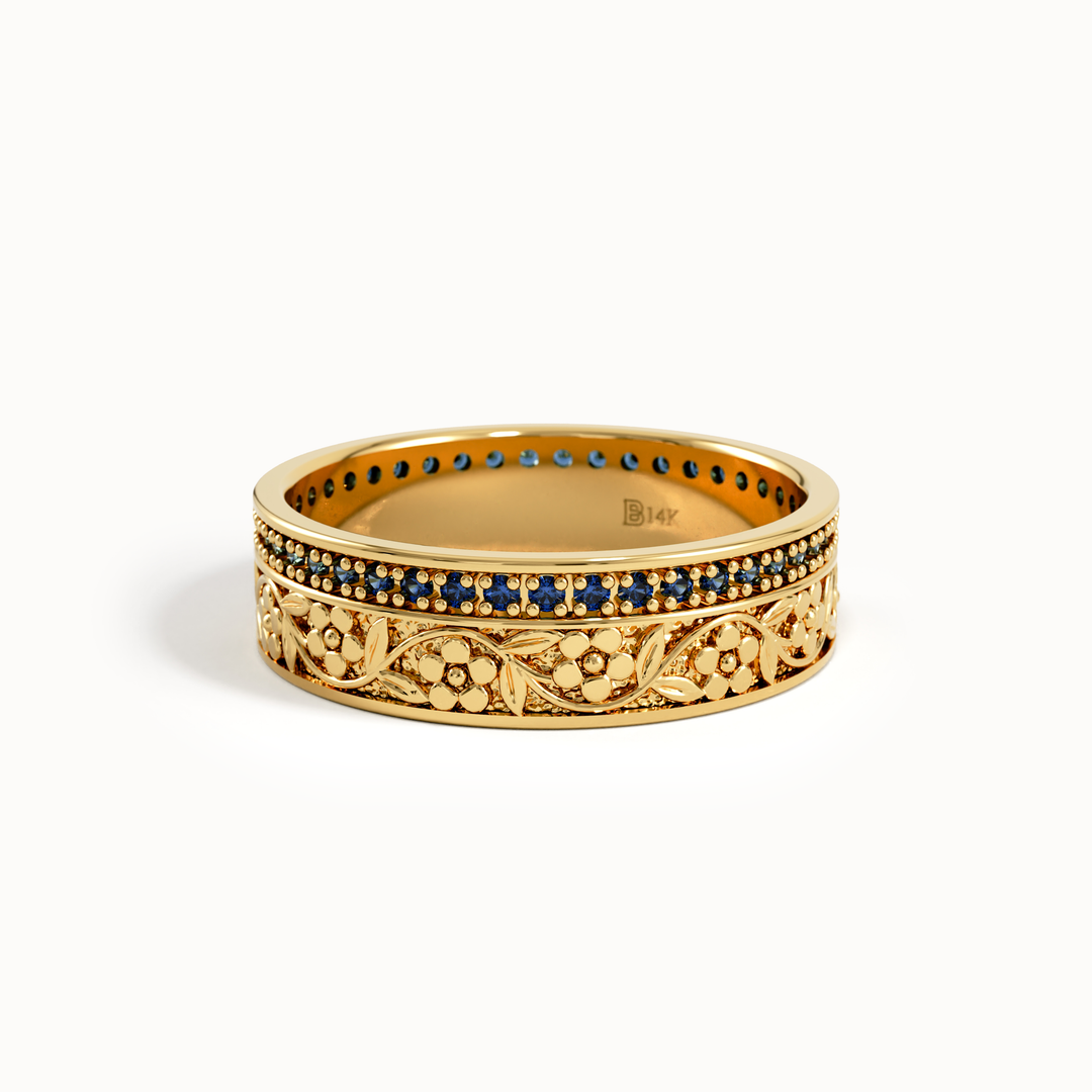 Lab Sapphire Flower Wedding Band in 14K Gold | Floral Sapphire Ring ...